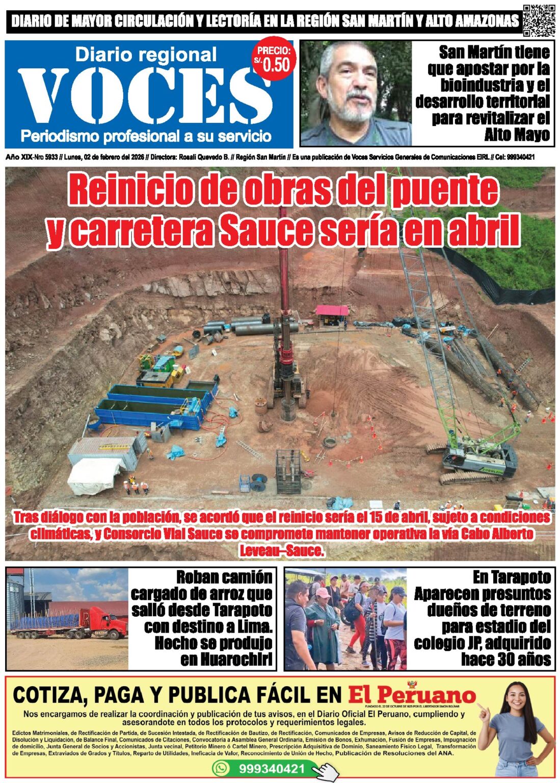 Portada, lunes 02 de febrero 2026 - Diario Voces